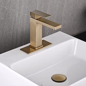 AVSIILE Brushed Gold Bathroom Faucet, Golden Single Hole Vanity Bath Faucet, Single Handle Modern Stainless Steel Bathroom Faucets for Sink 1 Hole with Pop Up Drain Stopper & Water Supply Hoses