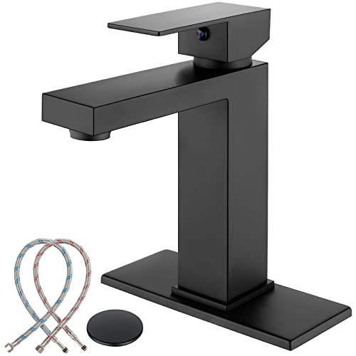 Midanya Matte Black Bathroom Sink Faucet 1 Hole Single Handle Deck Mount Lavatory Mixer Tap Include Pop Up Drain and Cover Plate One Lever Stainless Steel SUS304 Commercial