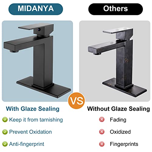 Midanya Matte Black Bathroom Sink Faucet 1 Hole Single Handle Deck Mount Lavatory Mixer Tap Include Pop Up Drain and Cover Plate One Lever Stainless Steel SUS304 Commercial