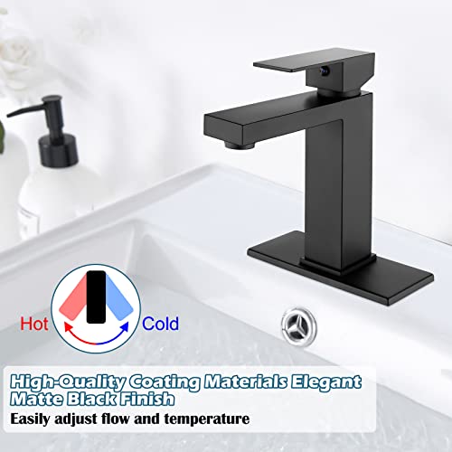 Midanya Matte Black Bathroom Sink Faucet 1 Hole Single Handle Deck Mount Lavatory Mixer Tap Include Pop Up Drain and Cover Plate One Lever Stainless Steel SUS304 Commercial