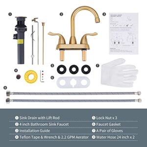 Brushed Gold Bathroom Faucet, ARCORA 4 inch Centerset Bathroom Faucet with Drain Assembly and Supply Lines, Gold Faucet for Bathroom Sink