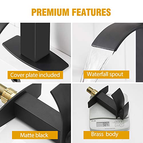 BESy Brass Black Waterfall Spout Bathroom Faucet, Single Hole Single Handle Bathroom Sink Faucet, Rv Lavatory Vanity Faucet with Deck Plate, Brass, Matte Black