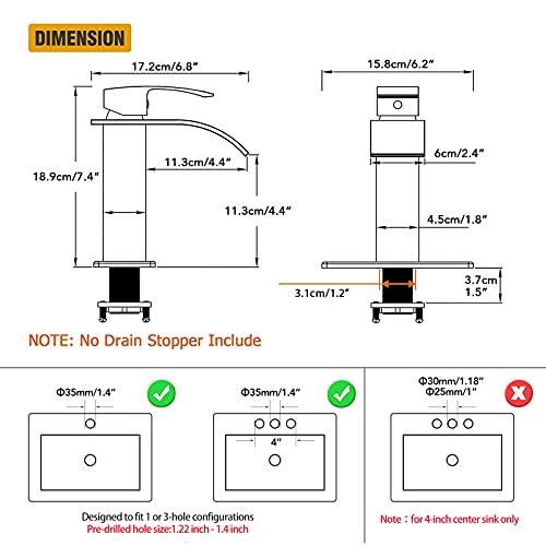 BESy Brass Black Waterfall Spout Bathroom Faucet, Single Hole Single Handle Bathroom Sink Faucet, Rv Lavatory Vanity Faucet with Deck Plate, Brass, Matte Black