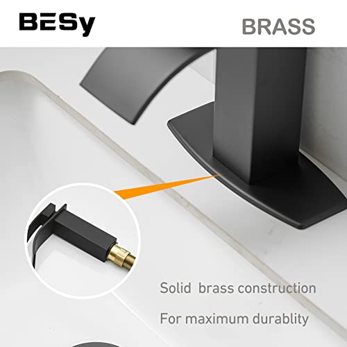 BESy Brass Black Waterfall Spout Bathroom Faucet, Single Hole Single Handle Bathroom Sink Faucet, Rv Lavatory Vanity Faucet with Deck Plate, Brass, Matte Black