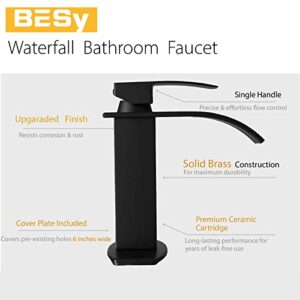 BESy Brass Black Waterfall Spout Bathroom Faucet, Single Hole Single Handle Bathroom Sink Faucet, Rv Lavatory Vanity Faucet with Deck Plate, Brass, Matte Black