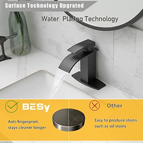 BESy Brass Black Waterfall Spout Bathroom Faucet, Single Hole Single Handle Bathroom Sink Faucet, Rv Lavatory Vanity Faucet with Deck Plate, Brass, Matte Black