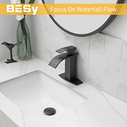 BESy Brass Black Waterfall Spout Bathroom Faucet, Single Hole Single Handle Bathroom Sink Faucet, Rv Lavatory Vanity Faucet with Deck Plate, Brass, Matte Black