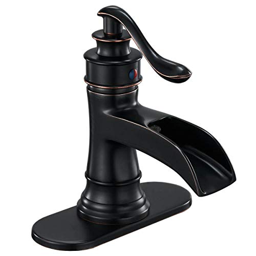 Oil Rubbed Bronze Bathroom Faucet Waterfall Sink Basin Single Handle Bath Lavatory Farmhouse Faucets Antique Black One Hole Lever Spout Mixer Tap Commercial Supply Hose Lead-Free