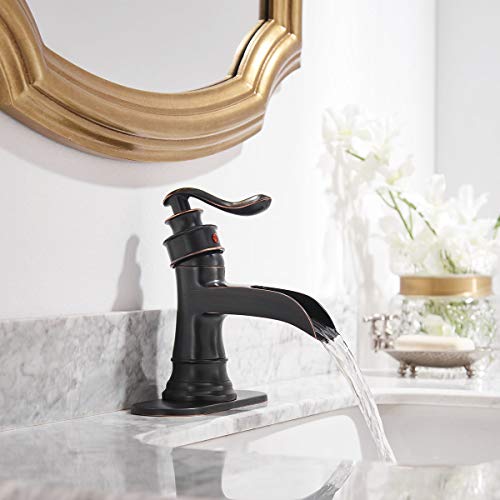 Oil Rubbed Bronze Bathroom Faucet Waterfall Sink Basin Single Handle Bath Lavatory Farmhouse Faucets Antique Black One Hole Lever Spout Mixer Tap Commercial Supply Hose Lead-Free