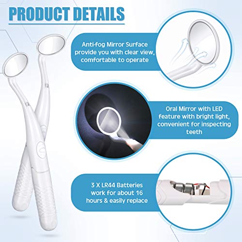 2 Pieces Dental Mouth Mirror with Light Oral Mirror LED Anti-Fog Teeth Mouth Dental Mirror Teeth Inspection Mirror Curve Angle Dentist Oral Care Tool Dentist Home Use Tools