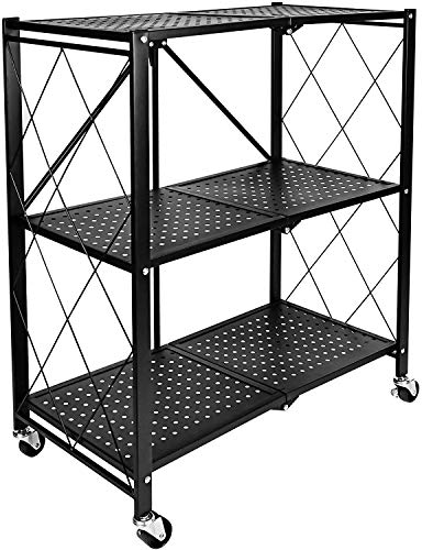 HealSmart 3-Tier Heavy Duty Foldable Metal Rack Storage Shelving Unit with Wheels Moving Easily Organizer Shelves Great for Garage Kitchen Holds up to 750 lbs Capacity, Black (HKSHLFFOLD28153403BV1)