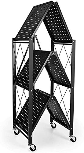 HealSmart 3-Tier Heavy Duty Foldable Metal Rack Storage Shelving Unit with Wheels Moving Easily Organizer Shelves Great for Garage Kitchen Holds up to 750 lbs Capacity, Black (HKSHLFFOLD28153403BV1)