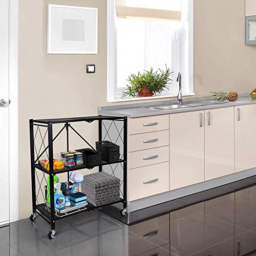 HealSmart 3-Tier Heavy Duty Foldable Metal Rack Storage Shelving Unit with Wheels Moving Easily Organizer Shelves Great for Garage Kitchen Holds up to 750 lbs Capacity, Black (HKSHLFFOLD28153403BV1)