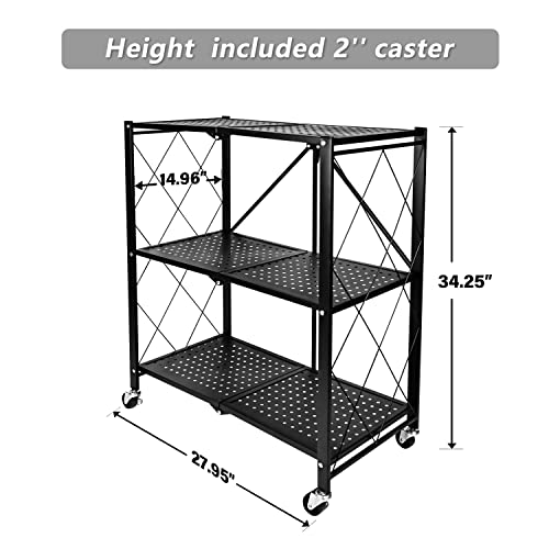 HealSmart 3-Tier Heavy Duty Foldable Metal Rack Storage Shelving Unit with Wheels Moving Easily Organizer Shelves Great for Garage Kitchen Holds up to 750 lbs Capacity, Black (HKSHLFFOLD28153403BV1)