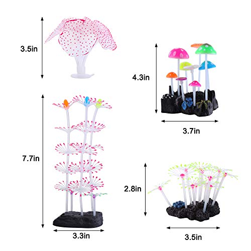 Filhome Glowing Fish Tank Decorations, 4 pcs Glow Aquarium Decoration Plants Kit Glowing Mushroom Coral Ornaments