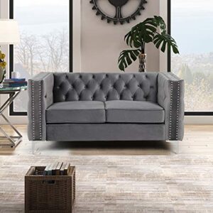 Morden Fort 61" Modern Loveseat for Living Room Furniture with Deep Dutch Velvet, Iron Legs - Grey