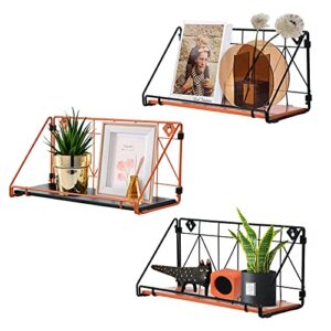 lightique floating shelves wall shelves set of 3, shelves for wall decor storage rustic hanging shelves for bedroom, bathroom, living room, kitchen, office and more, black with orange