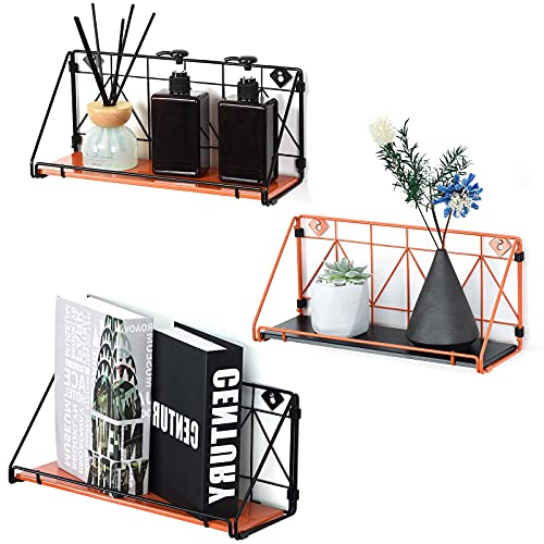 Lightique Floating Shelves Wall Shelves Set of 3, Shelves for Wall Decor Storage Rustic Hanging Shelves for Bedroom, Bathroom, Living Room, Kitchen, Office and More, Black with Orange