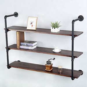 Industrial Pipe Shelving Wall Mounted,48in Rustic Metal Floating Shelves,Steampunk Real Wood Book Shelves,Wall Shelf Unit Bookshelf Hanging Wall Shelves,Farmhouse Kitchen Bar Shelving(3 Tier)