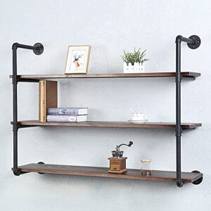 Industrial Pipe Shelving Wall Mounted,48in Rustic Metal Floating Shelves,Steampunk Real Wood Book Shelves,Wall Shelf Unit Bookshelf Hanging Wall Shelves,Farmhouse Kitchen Bar Shelving(3 Tier)