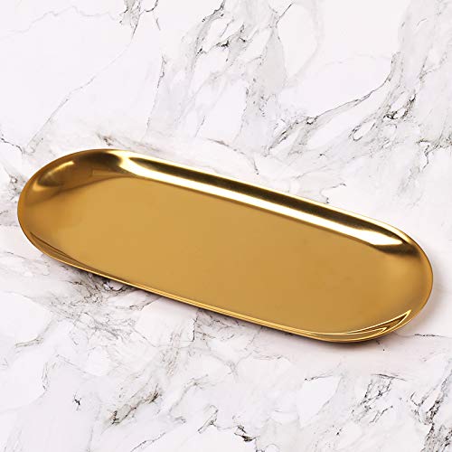 2 Pcs Stainless Steel Towel Tray Dish Plate Storage Tray Tea Tray Fruit Trays Cosmetics Jewelry Organizer, Oval , Gold