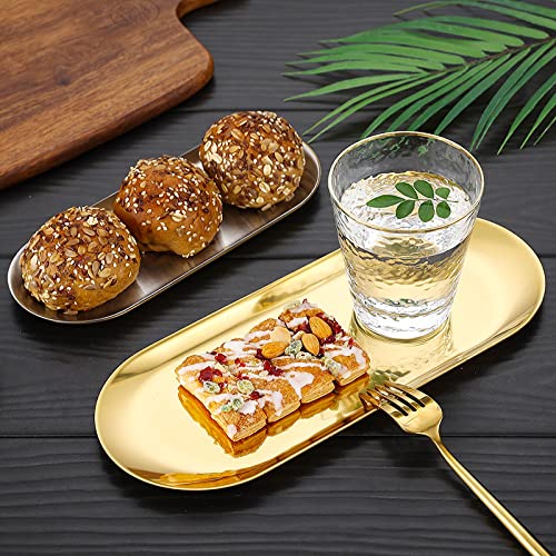 2 Pcs Stainless Steel Towel Tray Dish Plate Storage Tray Tea Tray Fruit Trays Cosmetics Jewelry Organizer, Oval , Gold