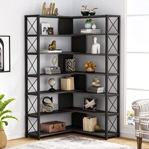 tribesigns 6-shelf corner bookcase, vintage industrial corner bookshelf etagere bookcase, 6 tier corner shelf storage rack with metal frame for living room home office (black)