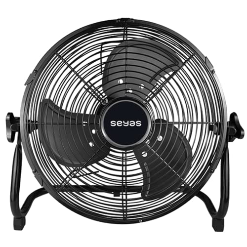 SEYAS Rechargeable Outdoor Floor Fan, 12'' Portable 5200mAh Battery Operated Fan with Metal Blade, Cordless High Velocity Industrial Fan Running 3.5-24 Hours for Patio, Camping, Home and Hurricane