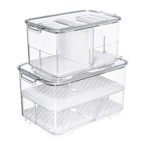 SANNO Vegetable Fruit Containers Fridge Food Storage Produce Saver Container Stackable Refrigerator Freezer Organizer Fresh Keeper Drawers Organizer set of 2