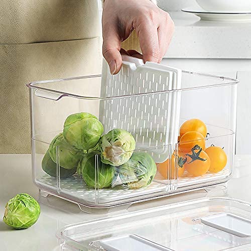 SANNO Vegetable Fruit Containers Fridge Food Storage Produce Saver Container Stackable Refrigerator Freezer Organizer Fresh Keeper Drawers Organizer set of 2