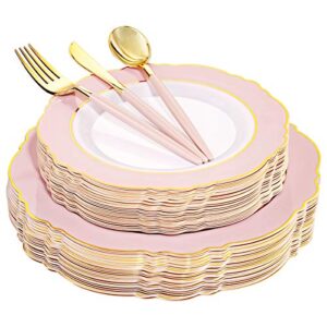 wdf 30guest pink plastic plates & gold plastic silverware with pink handle-baroque pink &gold plastic dinnerware for upscale wedding &parties, mother's day