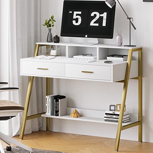 Tiptiper Computer Desk with Drawers, 41 Inches Modern Home Office Desk with Storage Shelf & Monitor Stand, Simple Style Study Writing Table Laptop PC Workstation, Metal Frame, White and Gold