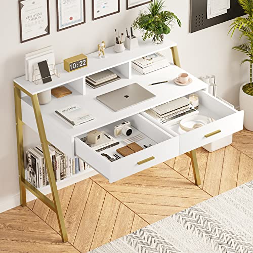 Tiptiper Computer Desk with Drawers, 41 Inches Modern Home Office Desk with Storage Shelf & Monitor Stand, Simple Style Study Writing Table Laptop PC Workstation, Metal Frame, White and Gold