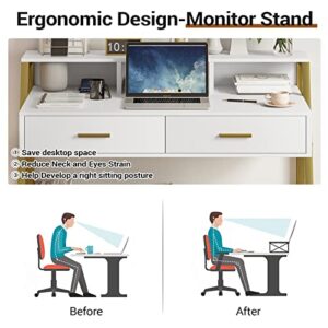 Tiptiper Computer Desk with Drawers, 41 Inches Modern Home Office Desk with Storage Shelf & Monitor Stand, Simple Style Study Writing Table Laptop PC Workstation, Metal Frame, White and Gold