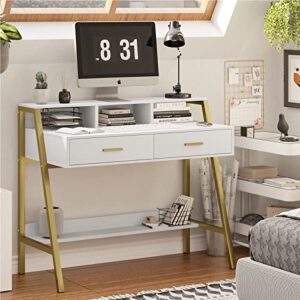 Tiptiper Computer Desk with Drawers, 41 Inches Modern Home Office Desk with Storage Shelf & Monitor Stand, Simple Style Study Writing Table Laptop PC Workstation, Metal Frame, White and Gold