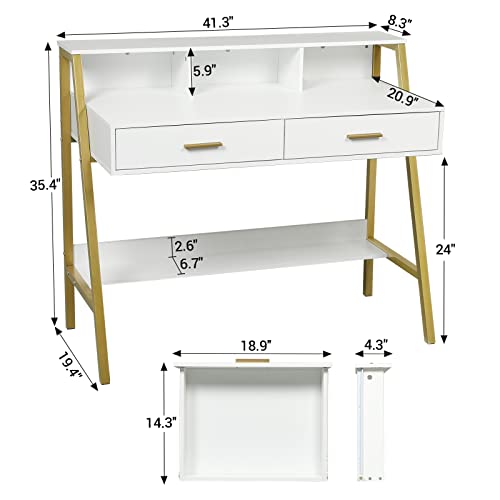 Tiptiper Computer Desk with Drawers, 41 Inches Modern Home Office Desk with Storage Shelf & Monitor Stand, Simple Style Study Writing Table Laptop PC Workstation, Metal Frame, White and Gold