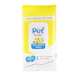 pet faves dog wipes for paws and butt - plant based deodorizing hypoallergenic grooming wipes with aloe & vitamin-e. unscented and alcohol free pet wipes for dogs and puppies. 100 count