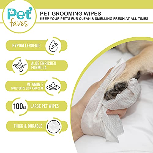 Pet Faves Dog Wipes for Paws and Butt - Plant Based Deodorizing Hypoallergenic Grooming Wipes with Aloe & Vitamin-E. Unscented and Alcohol Free Pet Wipes for Dogs and Puppies. 100 Count