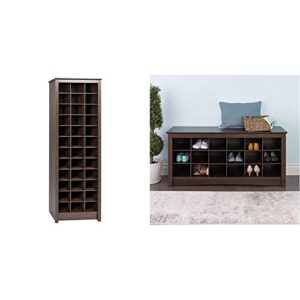 prepac space-saving 36 pair shoe storage cabinet with cubbies, 13" d x 23.5" w x 72.5" h, espresso & shoe cubbie bench, 24" x 48" x 16", espresso