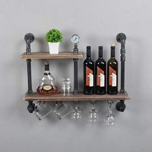 industrial pipe wall mounted wine racks with 5 stem glass holders for wine glasses,2-tier storage wood shelves,mugs rack,bottle & glass holder,wine storage display rack,stemware racks,home décor