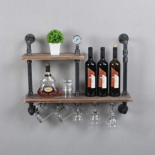 Industrial Pipe Wall Mounted Wine Racks with 5 Stem Glass Holders for Wine Glasses,2-Tier Storage Wood Shelves,Mugs Rack,Bottle & Glass Holder,Wine Storage Display Rack,Stemware Racks,Home Décor