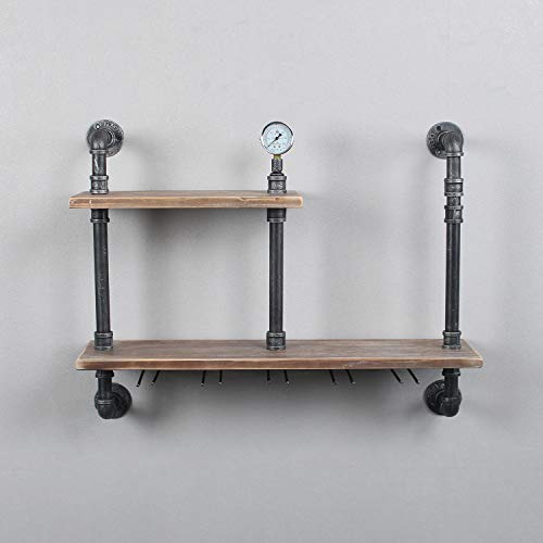 Industrial Pipe Wall Mounted Wine Racks with 5 Stem Glass Holders for Wine Glasses,2-Tier Storage Wood Shelves,Mugs Rack,Bottle & Glass Holder,Wine Storage Display Rack,Stemware Racks,Home Décor