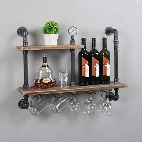 Industrial Pipe Wall Mounted Wine Racks with 5 Stem Glass Holders for Wine Glasses,2-Tier Storage Wood Shelves,Mugs Rack,Bottle & Glass Holder,Wine Storage Display Rack,Stemware Racks,Home Décor