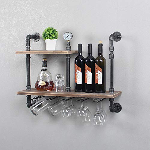 Industrial Pipe Wall Mounted Wine Racks with 5 Stem Glass Holders for Wine Glasses,2-Tier Storage Wood Shelves,Mugs Rack,Bottle & Glass Holder,Wine Storage Display Rack,Stemware Racks,Home Décor