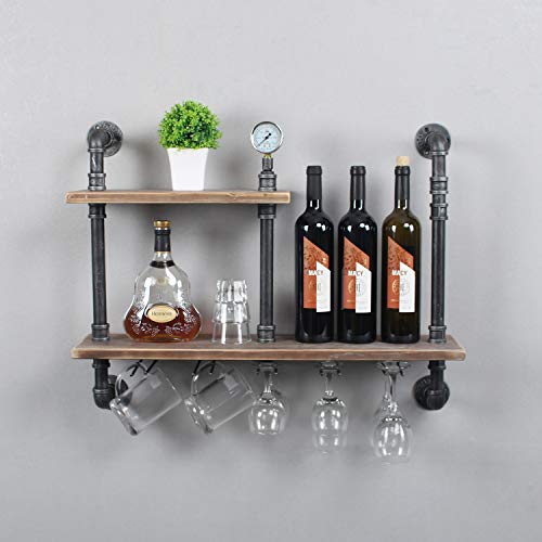 Industrial Pipe Wall Mounted Wine Racks with 5 Stem Glass Holders for Wine Glasses,2-Tier Storage Wood Shelves,Mugs Rack,Bottle & Glass Holder,Wine Storage Display Rack,Stemware Racks,Home Décor