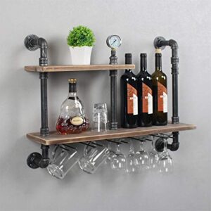 Industrial Pipe Wall Mounted Wine Racks with 5 Stem Glass Holders for Wine Glasses,2-Tier Storage Wood Shelves,Mugs Rack,Bottle & Glass Holder,Wine Storage Display Rack,Stemware Racks,Home Décor