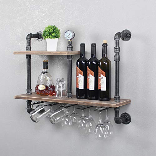 Industrial Pipe Wall Mounted Wine Racks with 5 Stem Glass Holders for Wine Glasses,2-Tier Storage Wood Shelves,Mugs Rack,Bottle & Glass Holder,Wine Storage Display Rack,Stemware Racks,Home Décor