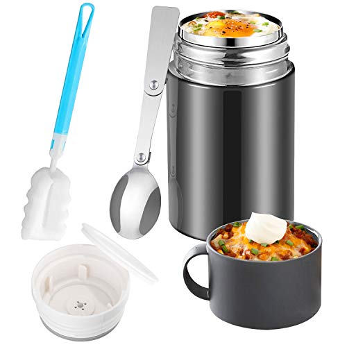 Baokai Insulated Food Jar 20 oz, Vacuum Soup Thermos for Hot Food Kids Adults, Stainless Steel Leak Proof Lunch Container with Folding Spoon for School Office Camping Picnic Travel Outdoors-Black