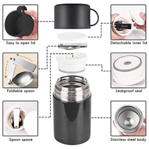 Baokai Insulated Food Jar 20 oz, Vacuum Soup Thermos for Hot Food Kids Adults, Stainless Steel Leak Proof Lunch Container with Folding Spoon for School Office Camping Picnic Travel Outdoors-Black