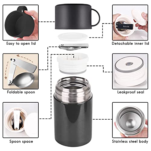 Baokai Insulated Food Jar 20 oz, Vacuum Soup Thermos for Hot Food Kids Adults, Stainless Steel Leak Proof Lunch Container with Folding Spoon for School Office Camping Picnic Travel Outdoors-Black